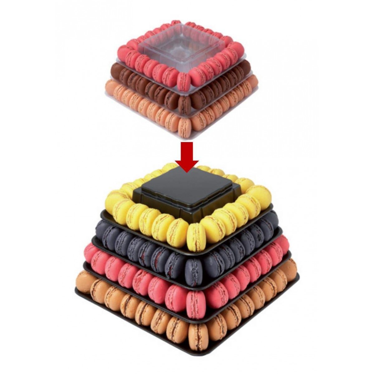 Pyramide 9 plateaux noirs à macarons, pièce montée